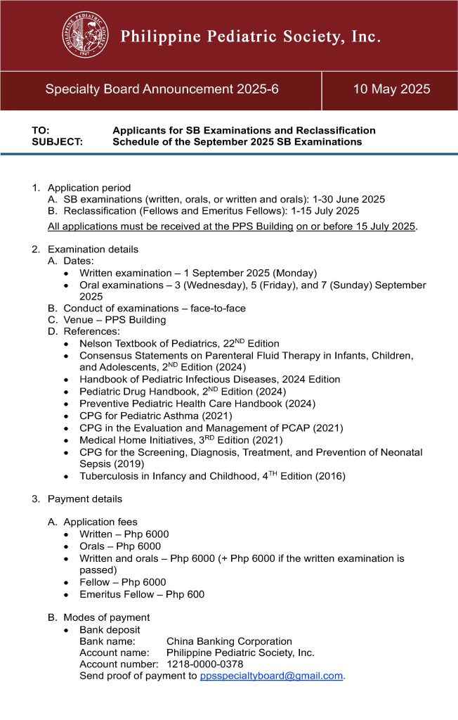 Schedule of the Specialty Board Exam and Application Fees – September ...