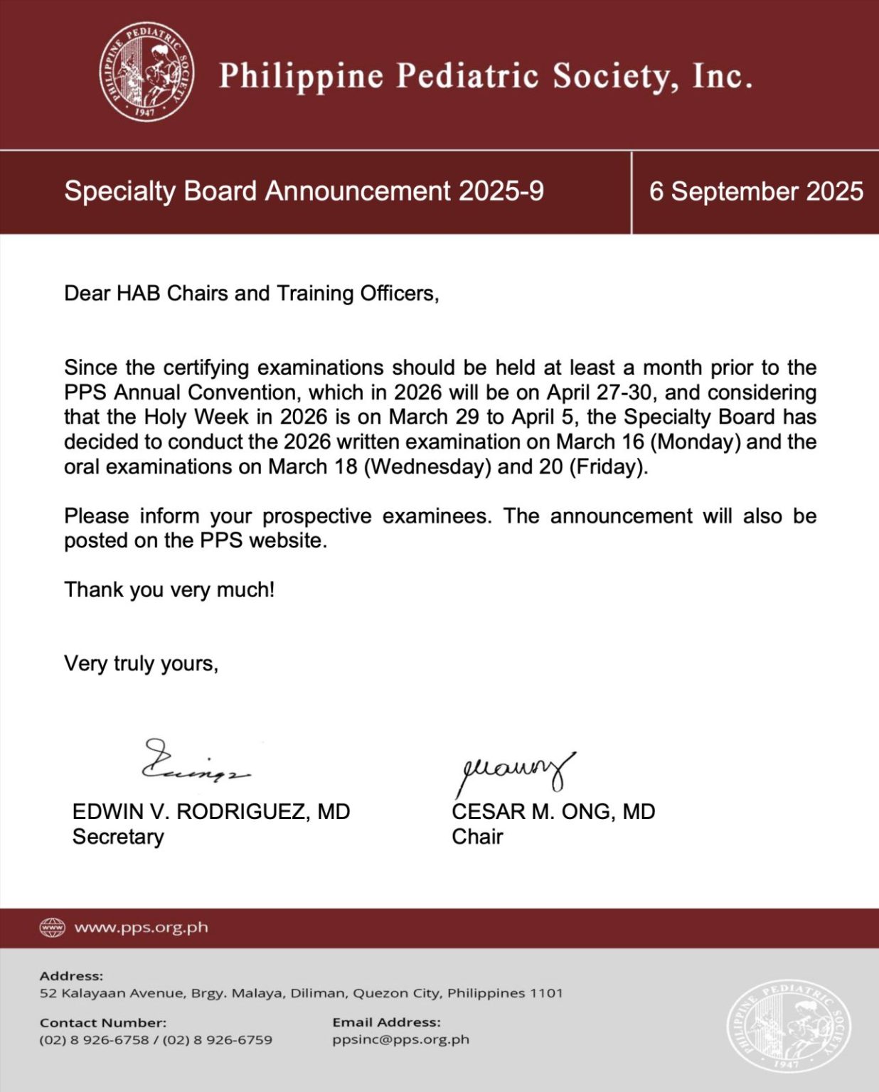 Specialty Board Announcement – Philippine Pediatric Society, Inc.
